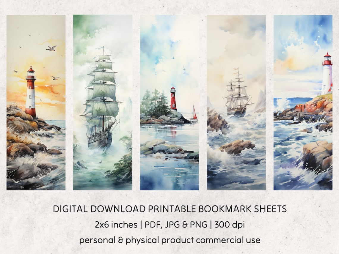 Nautical Bookmark 15 Printable Bookmarks Digital Download Lighthouse ...
