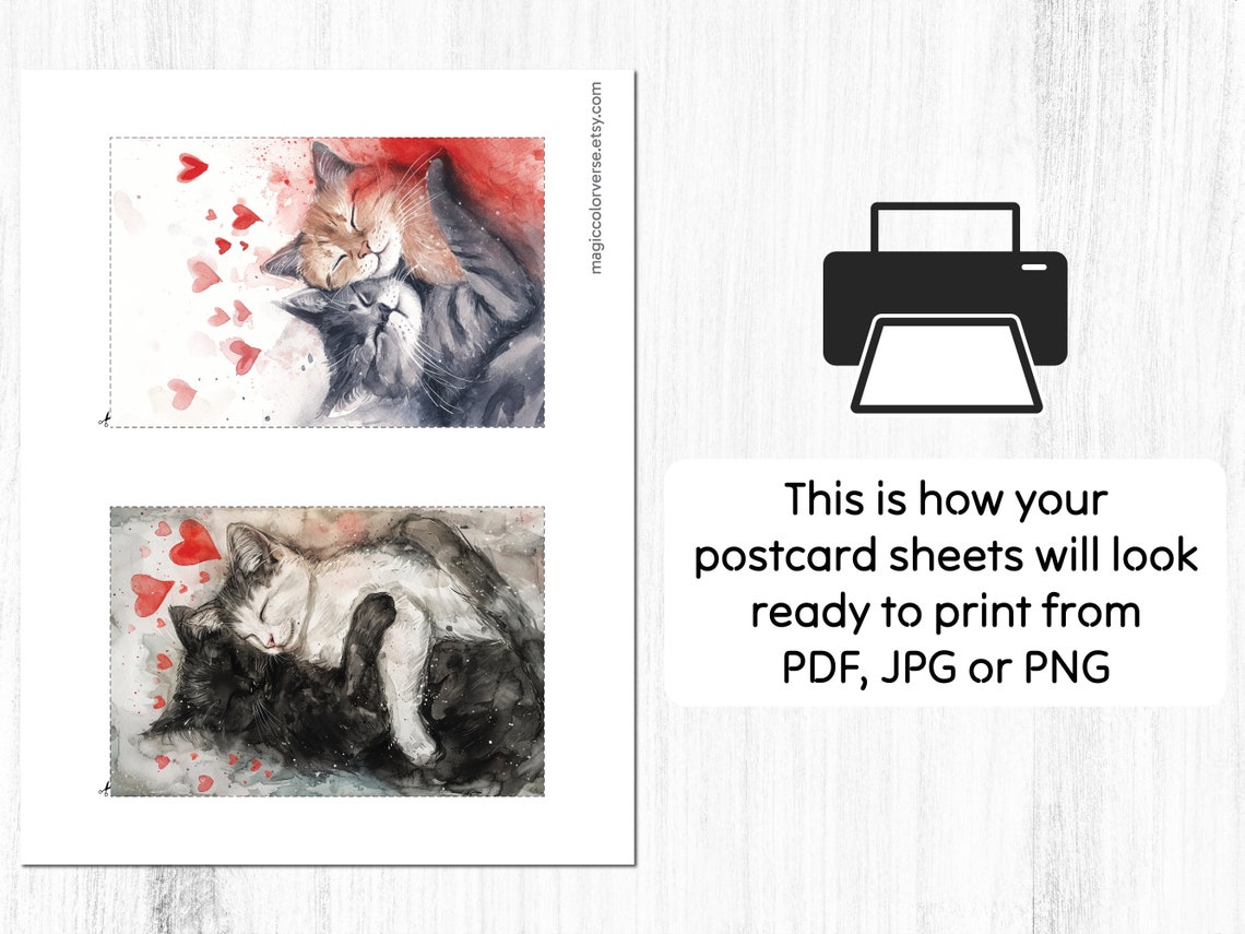 Cats in Love Postcards, 6 Printable Romantic Postcard Digital Download ...