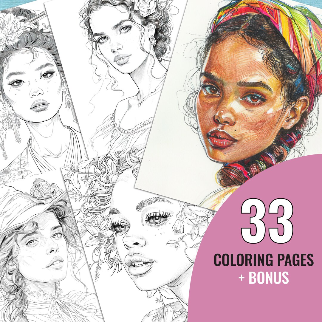 Female Portrait Coloring Book, 33 Beautiful Woman Printable Pages for ...