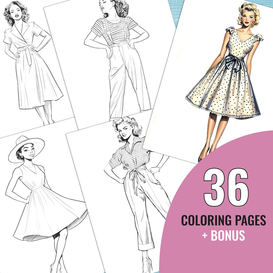 1950s Fashion Coloring Book 36 Printable Women's Outfit Pages Vintage ...