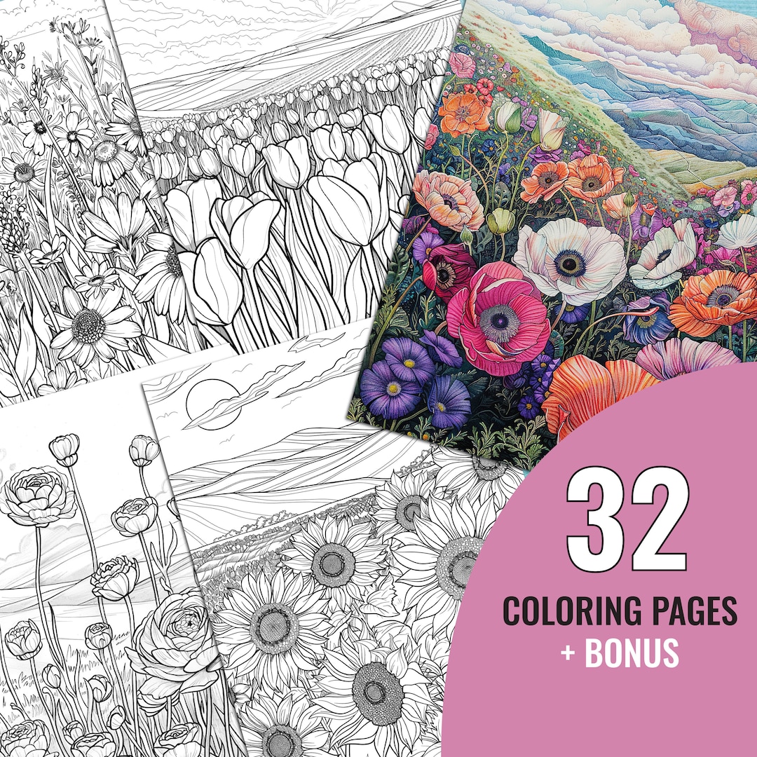 Floral Fields Coloring Pages, 32 Printable Landscape Coloring Book for ...