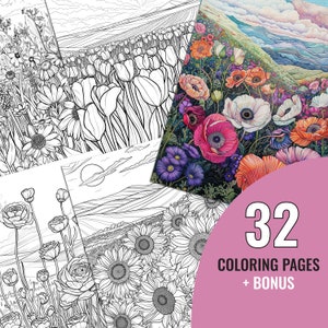 Floral Fields Coloring Pages, 32 Printable Landscape Coloring Book for ...