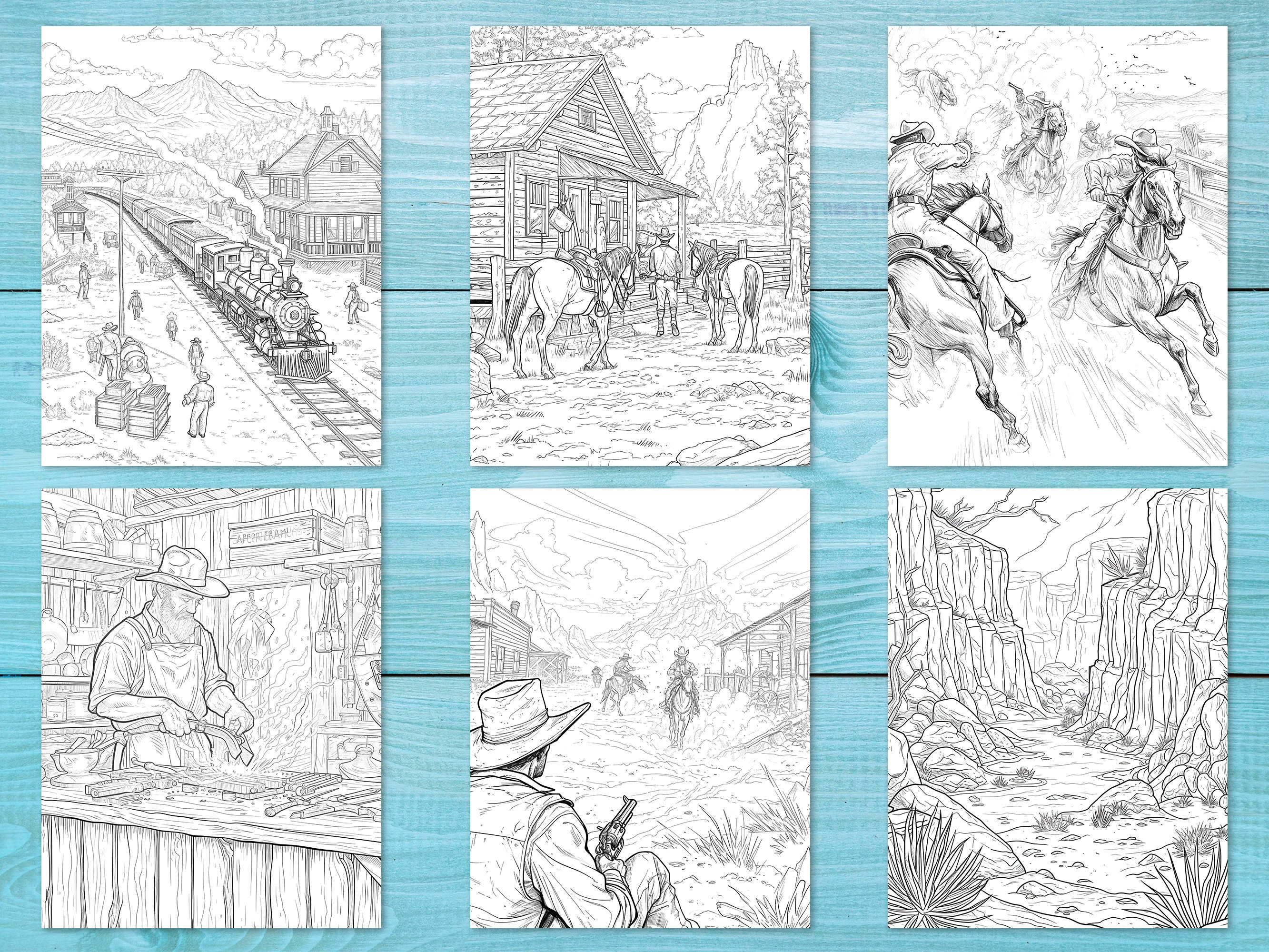 Wild West Coloring Book, 36 Western Printable Pages for Adults, Cowboy ...