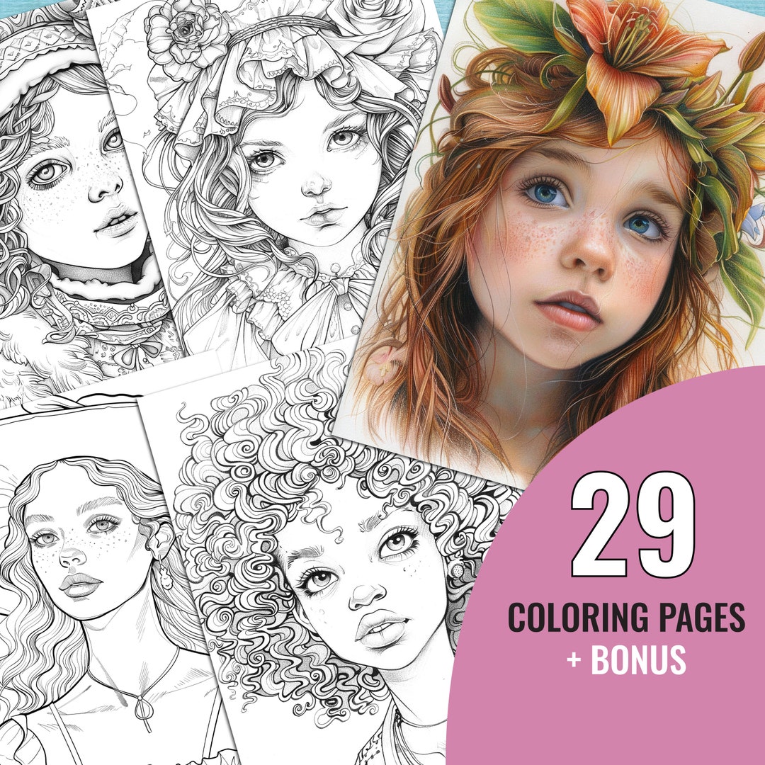 Girls Portraits Coloring Book, 29 Printable Grayscale Pages for Adults ...