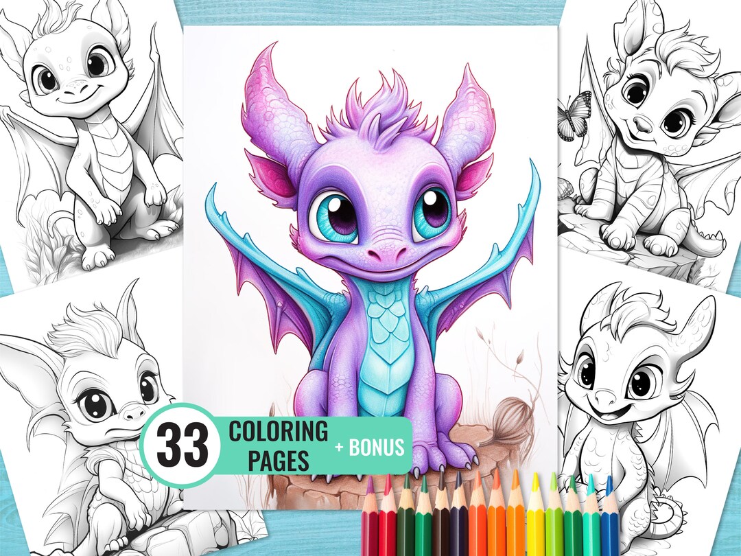 Baby Dragon Fantasy Coloring Book, 33 Printable PDF Pages for Kids ...