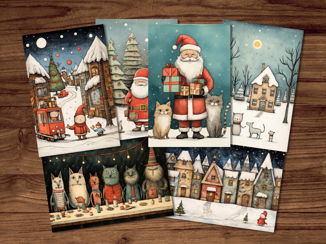 Funny Christmas Postcards, 6 Printable Winter Postcard Digital Download ...