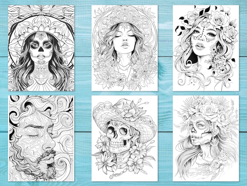 Chicano Art Coloring Book, 34 Printable Grayscale Pages for Adult ...