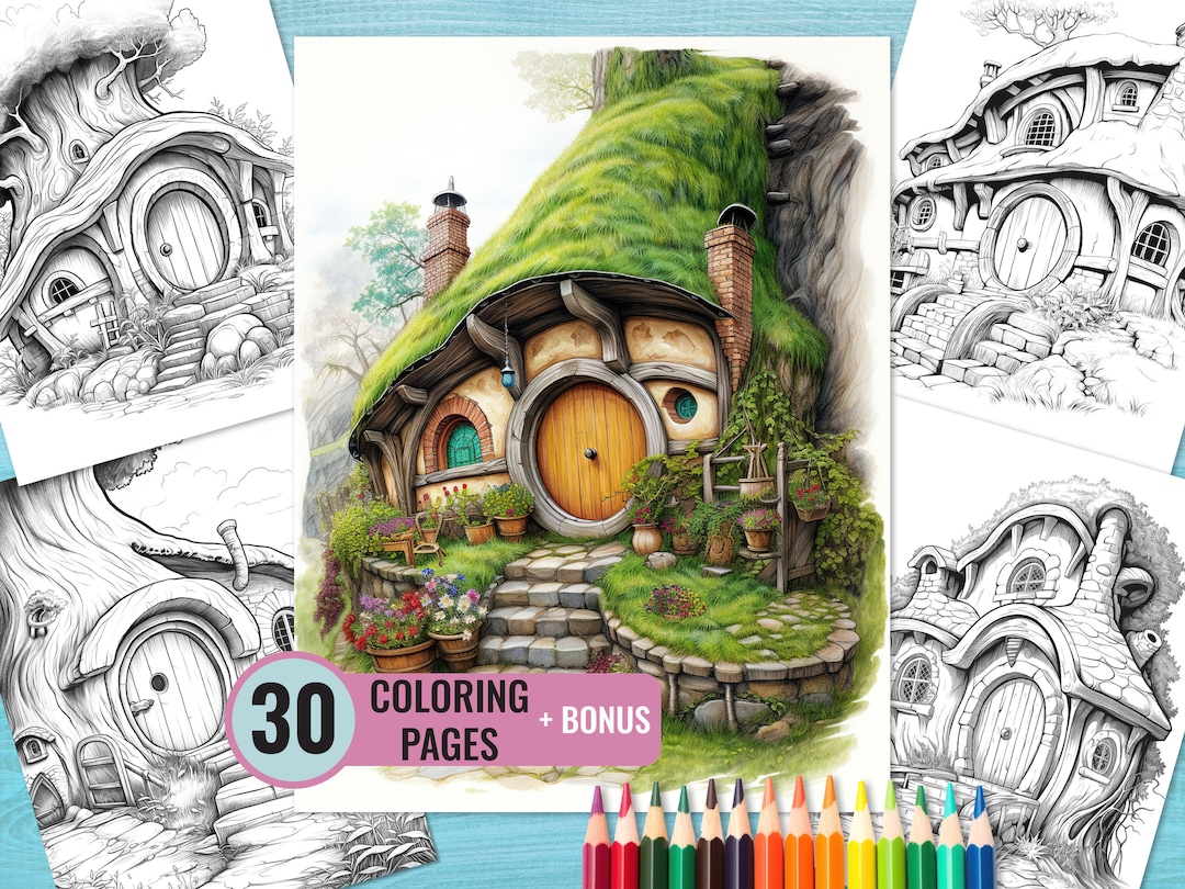Hobbit Hole House Coloring Book, 30 Printable Fantasy Homes Coloring ...