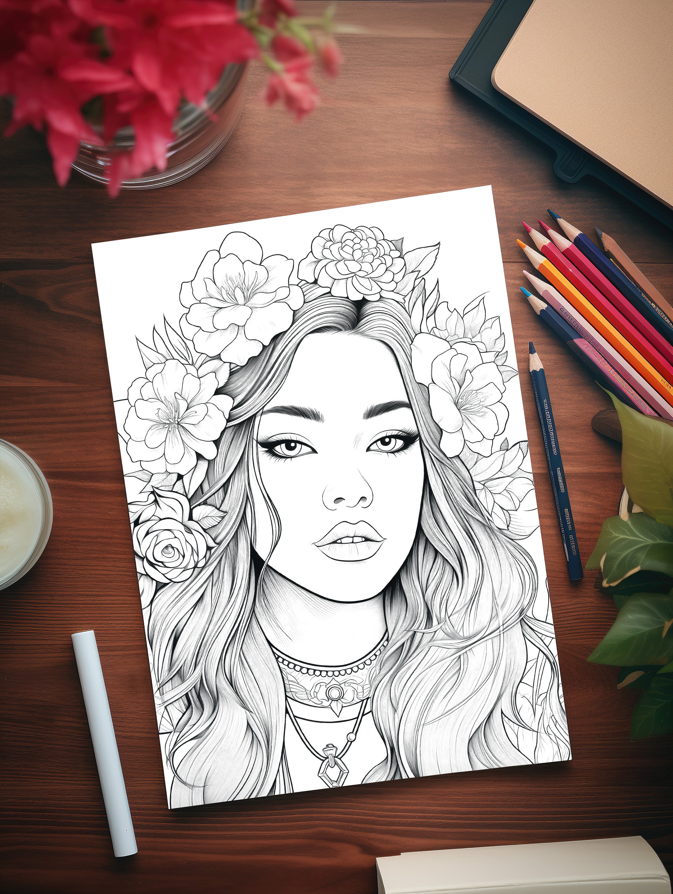 Female Portrait Coloring Book, 28 Printable Floral Woman Pages for ...