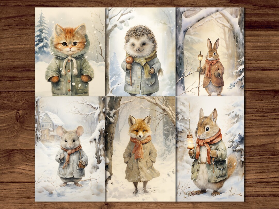 Winter Animals Postcards, 6 Printable Fantasy Postcard Digital Download ...