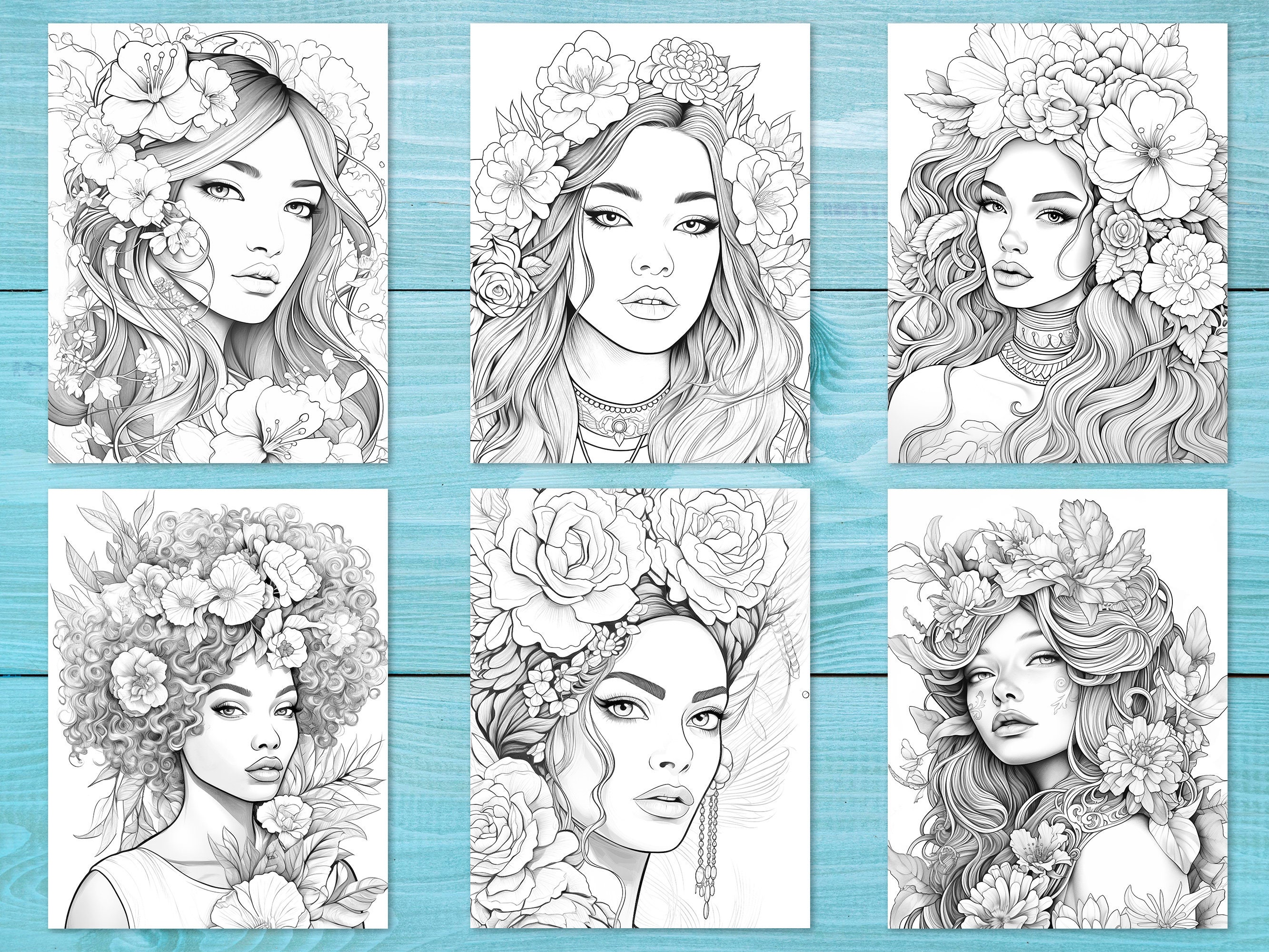 Female Portrait Coloring Book, 28 Printable Floral Woman Pages for ...