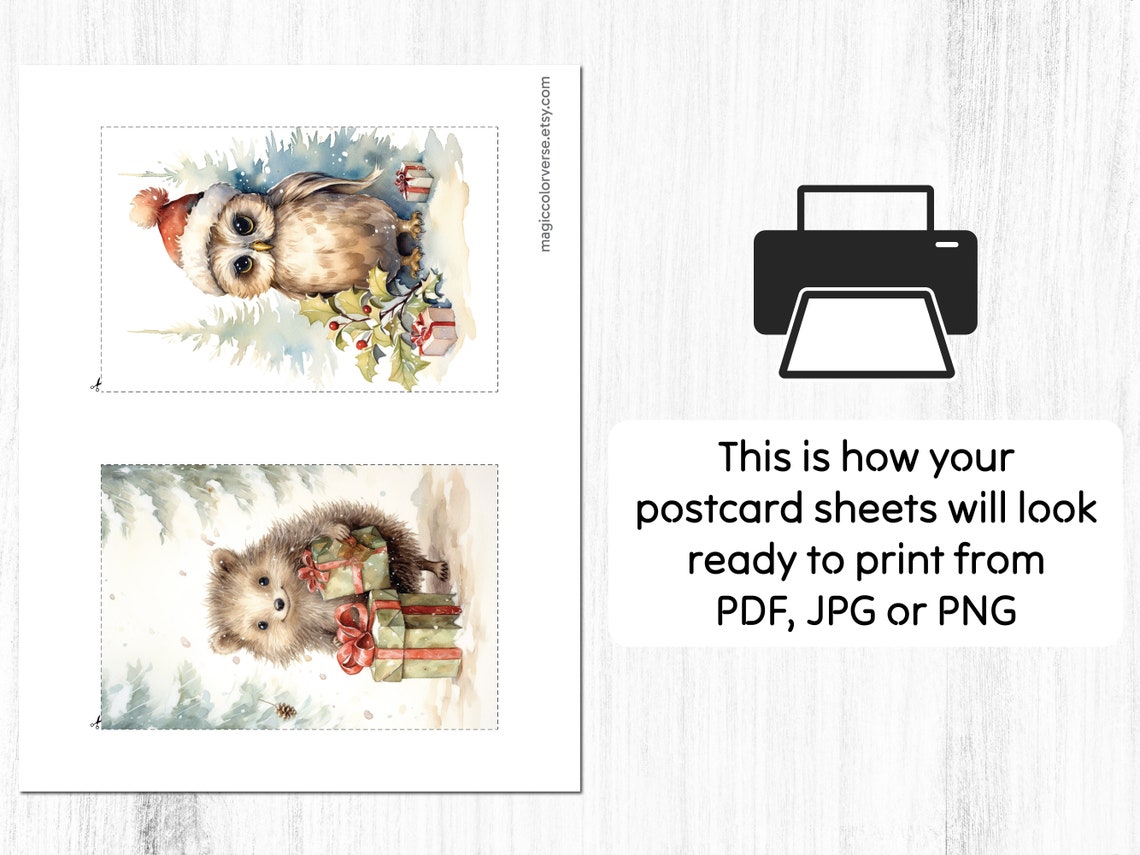 Animals in Winter Forest Postcards, 6 Printable Christmas Postcard ...