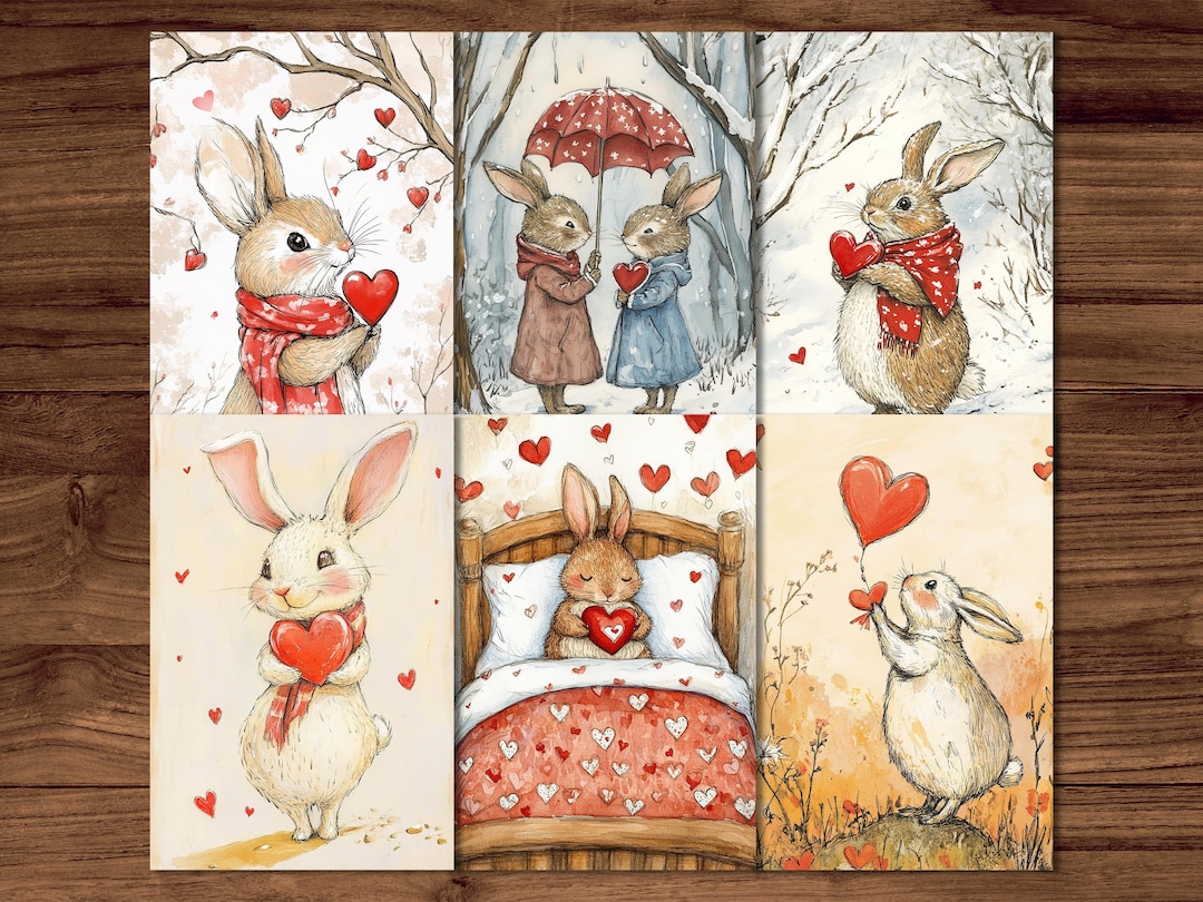Bunnies Postcards, 6 Printable Romantic Postcard Digital Download ...