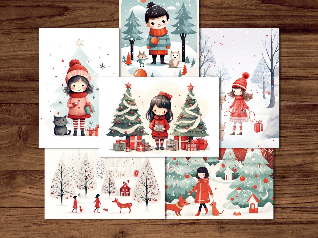 Cute Christmas Postcards, 6 Printable Winter Postcard Digital Download ...
