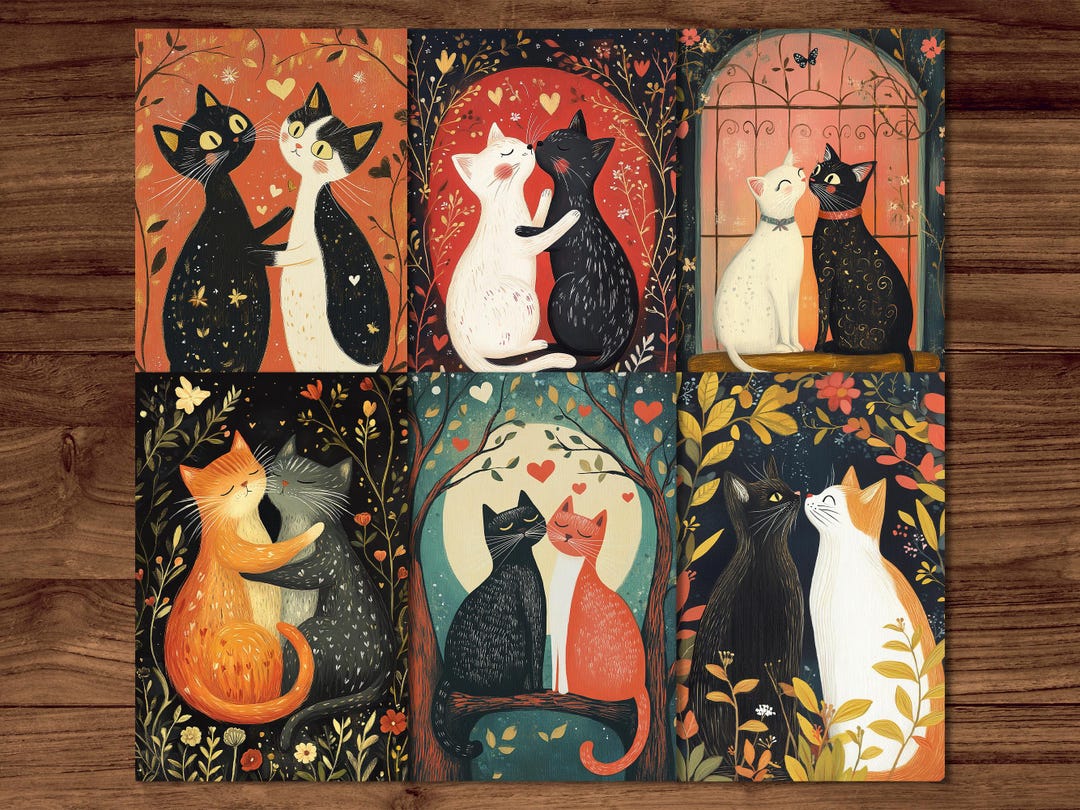 Romantic Postcards, 6 Printable Cats Couples Postcard Digital Download ...