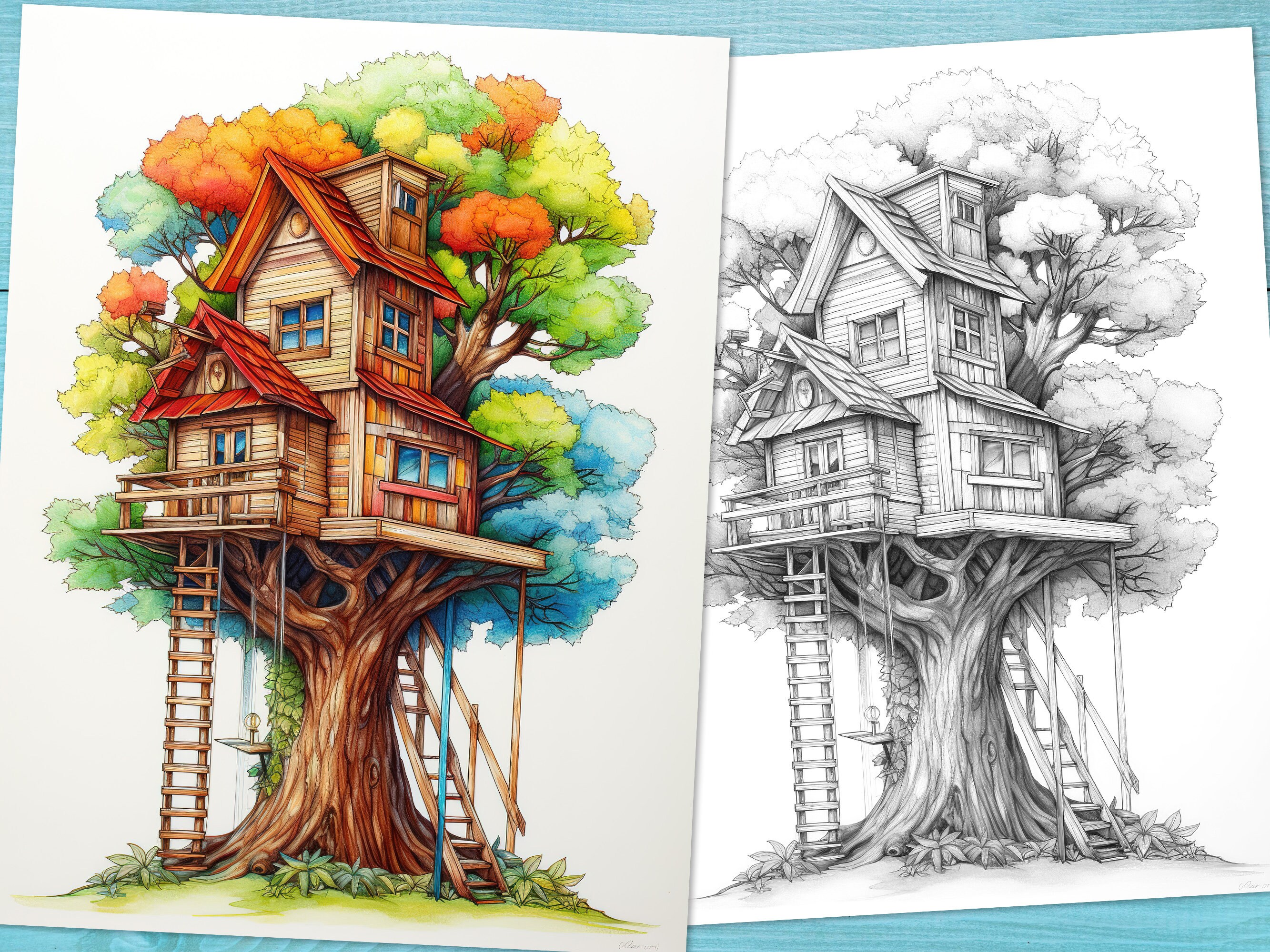 A House on A Tree Coloring Book, 25 Printable Tree Houses Coloring ...