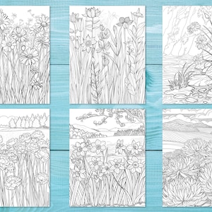 Floral Fields Coloring Pages, 32 Printable Landscape Coloring Book for ...