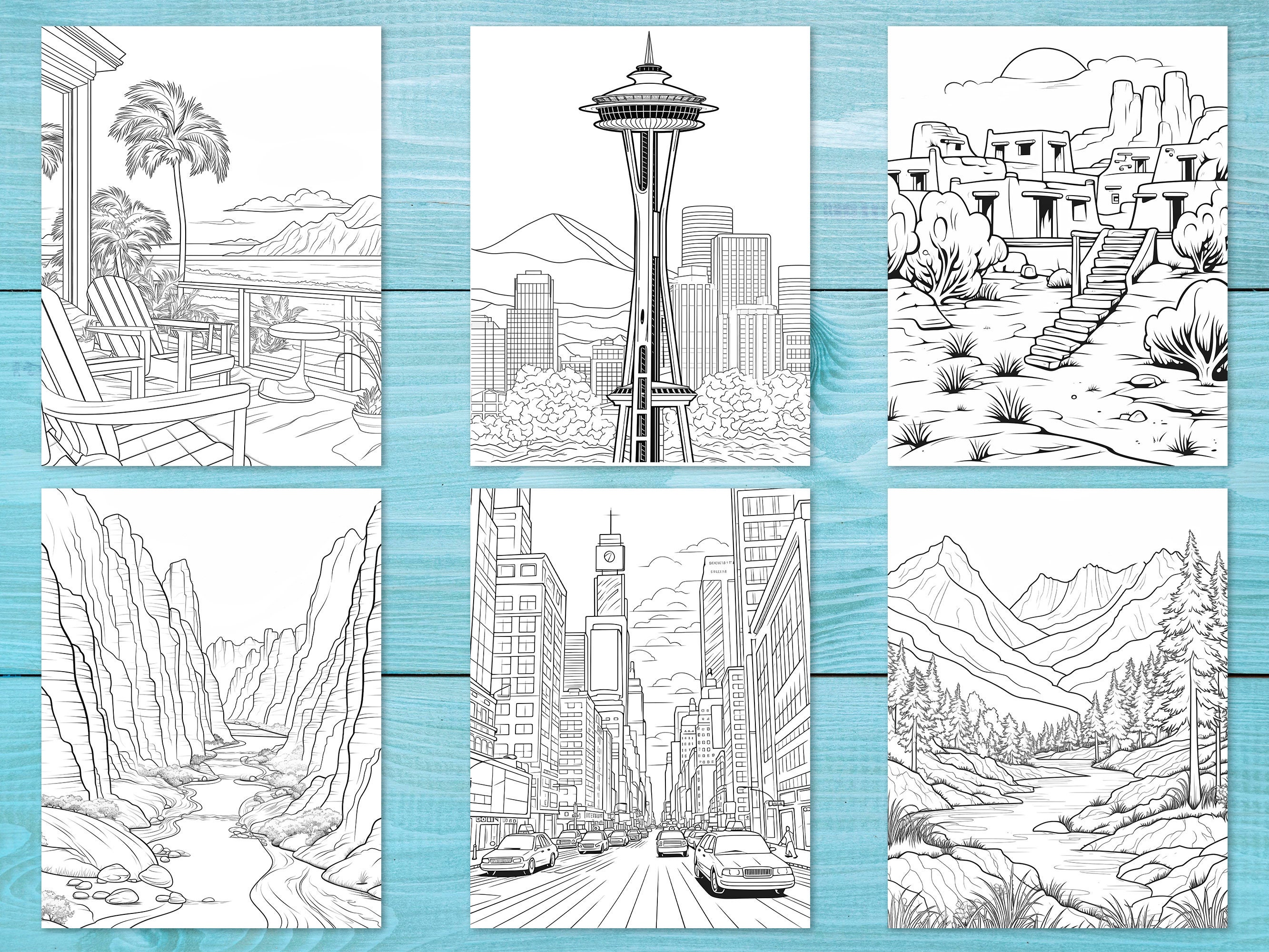 USA Landscape Coloring Pages, 40 Printable USA Landmarks Coloring Book ...