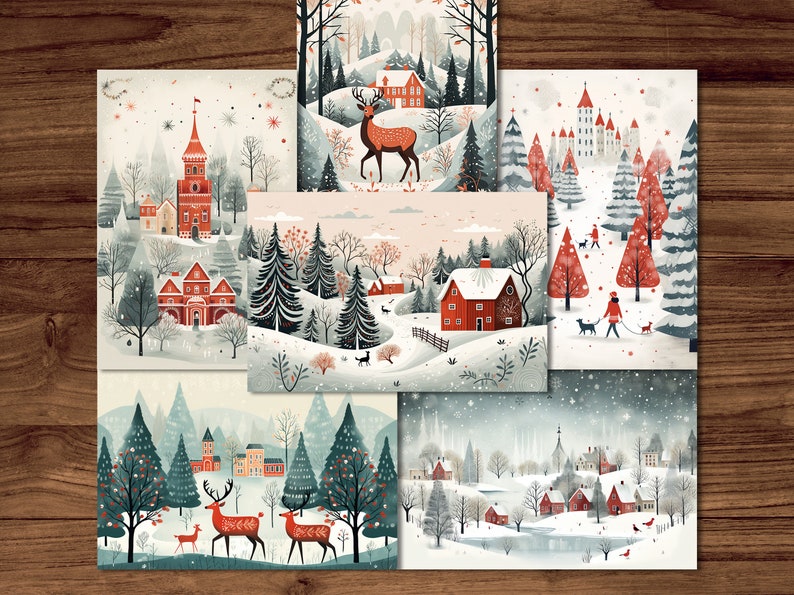 Christmas Postcards, 6 Printable Winter Postcard Digital Download ...