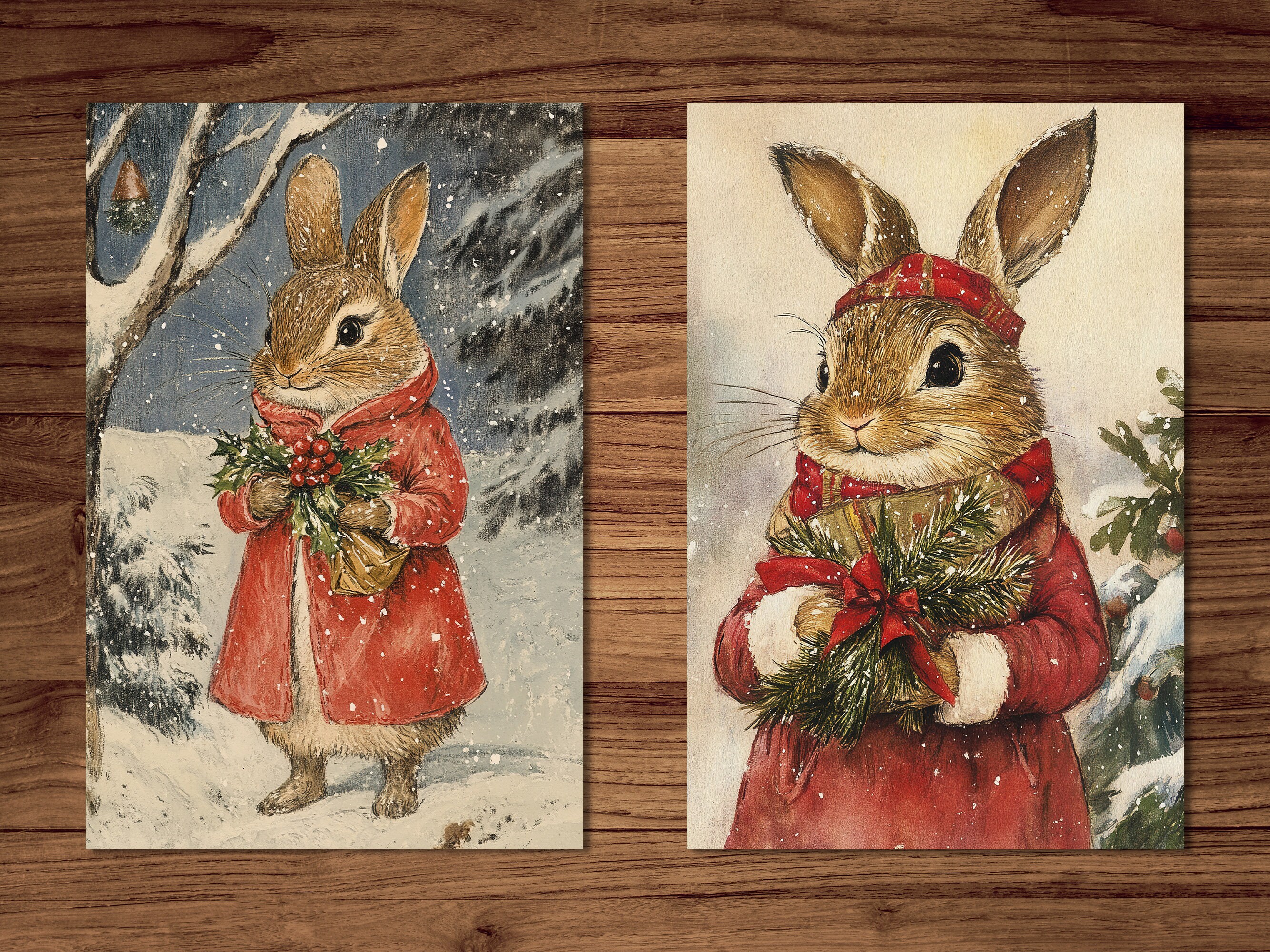 Christmas Bunny Postcards, 6 Printable Rabbits Cards Digital Download ...