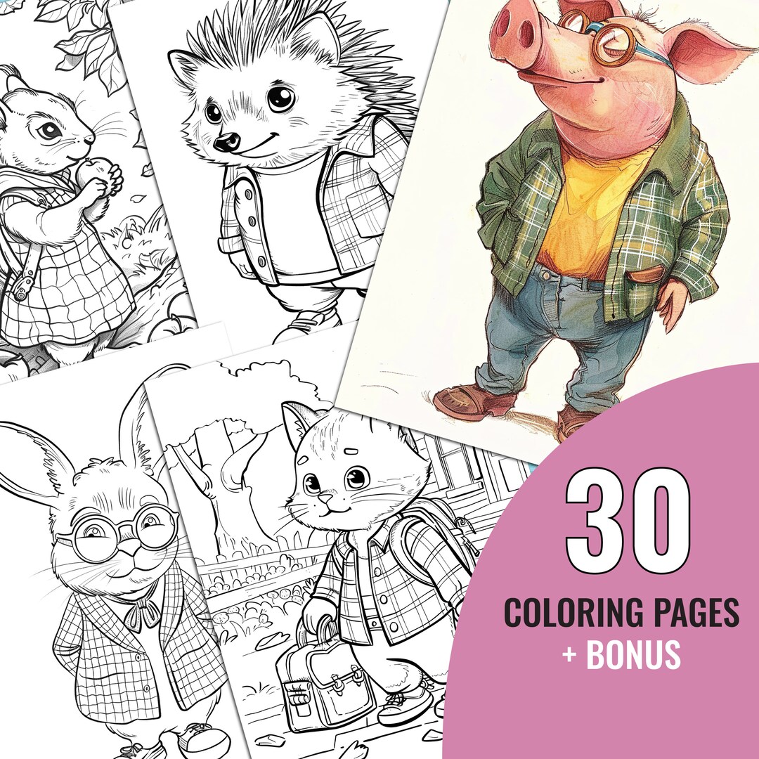 Cute Animals in Clothes Coloring Book, 30 Printable Cartoon Pages for ...