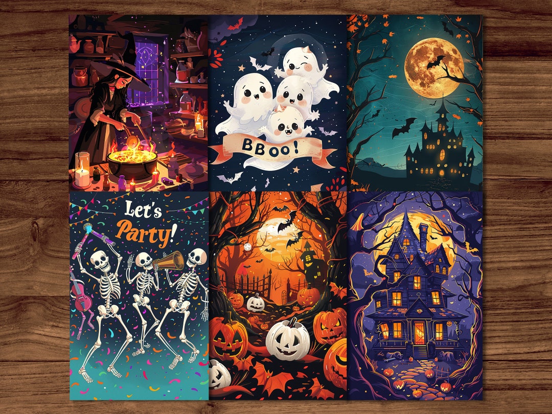 Cute Halloween Postcards, 6 Printable Holiday Greetings Cards Digital ...