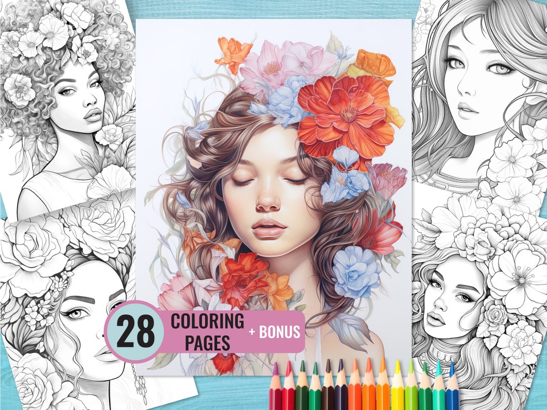 Female Portrait Coloring Book, 28 Printable Floral Woman Pages for ...