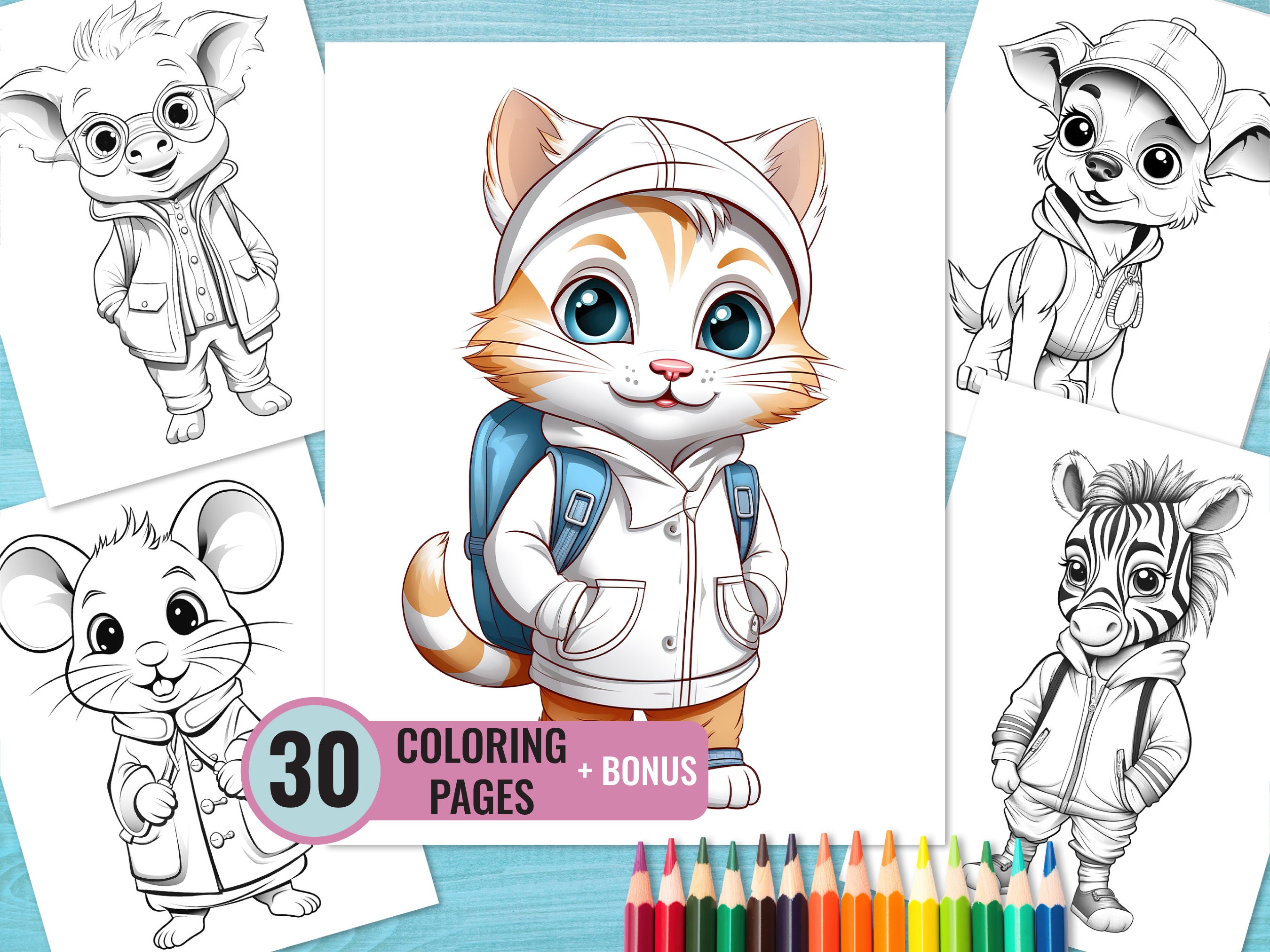 Cute Animal in Clothes Coloring Book, 30 Printable Pages for Kids and ...