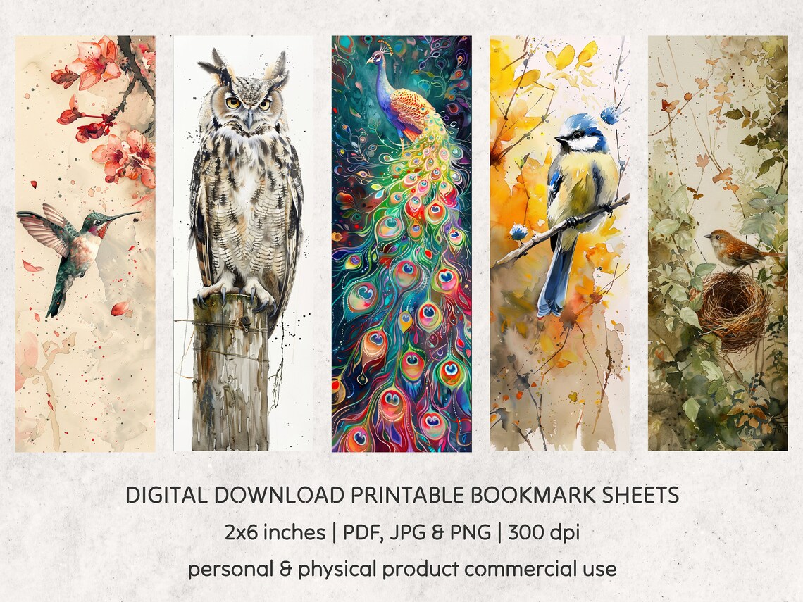 Birds Bookmarks 20 Printable Colorful Bookmarks Digital Download ...