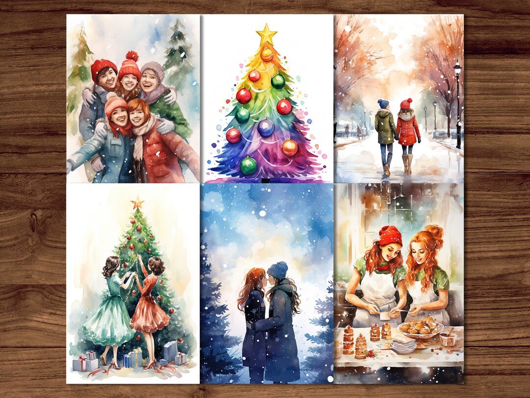 Lesbian Christmas Postcards, 6 Printable LGBT Postcard Digital Download ...