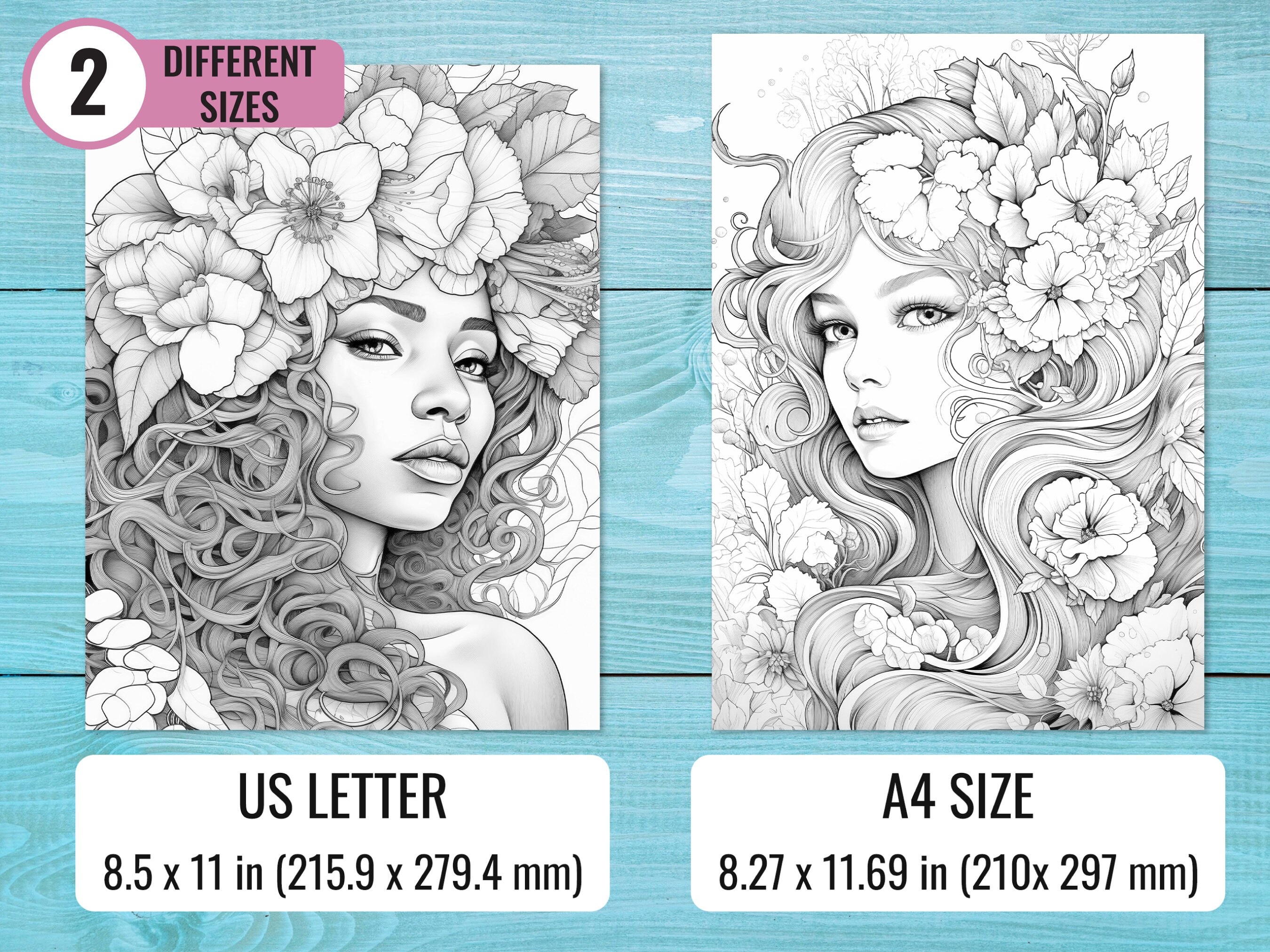 Female Portrait Coloring Book, 28 Printable Floral Woman Pages for ...