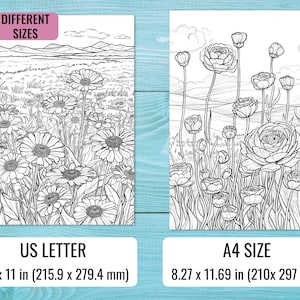 Floral Fields Coloring Pages, 32 Printable Landscape Coloring Book for ...