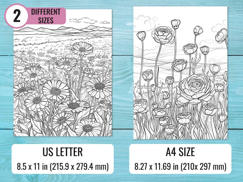 Floral Fields Coloring Pages, 32 Printable Landscape Coloring Book for ...