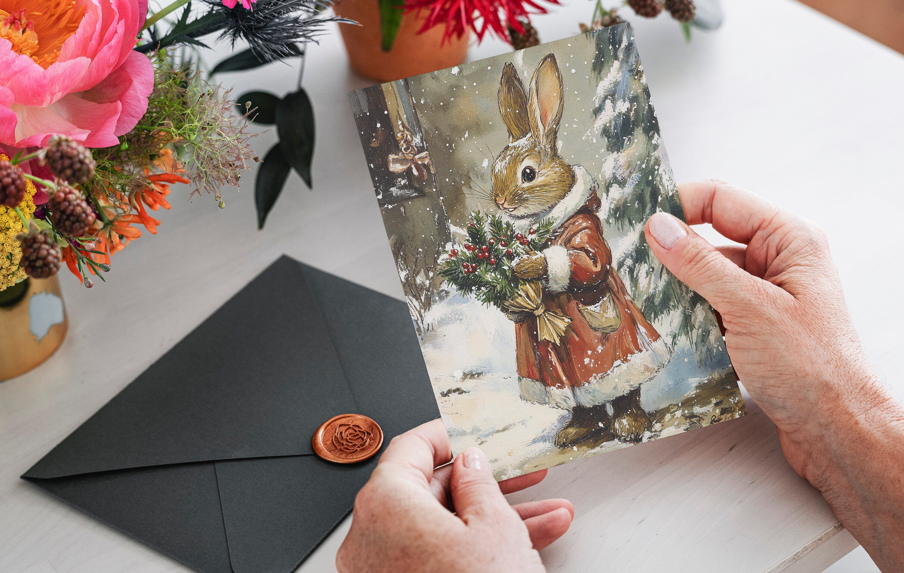 Christmas Bunny Postcards, 6 Printable Rabbits Cards Digital Download ...