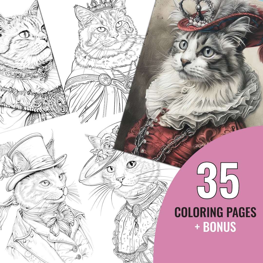 Royal Cat Portrait Coloring Book, 35 Printable Funny Pages for Adults ...