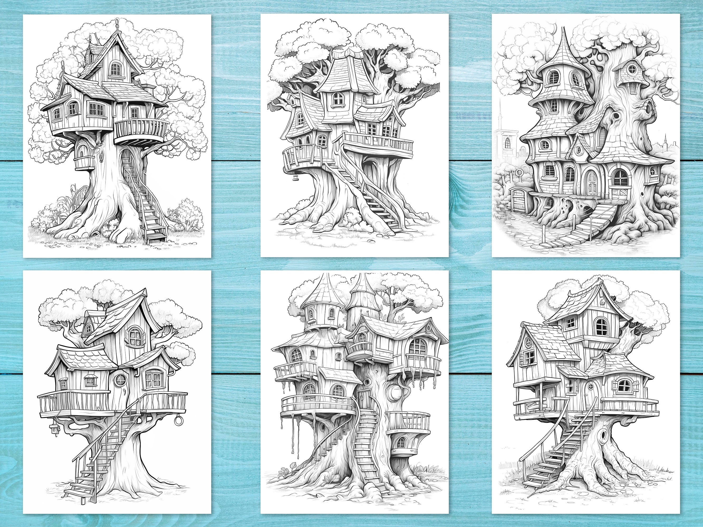A House on A Tree Coloring Book, 25 Printable Tree Houses Coloring ...