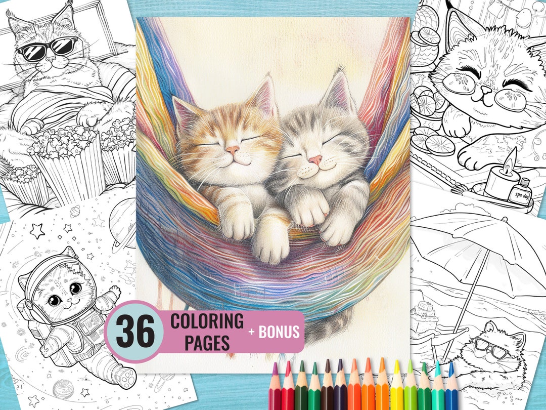 Cute Cats Coloring Book, 36 Printable Funny Pages for Adults and Kids ...