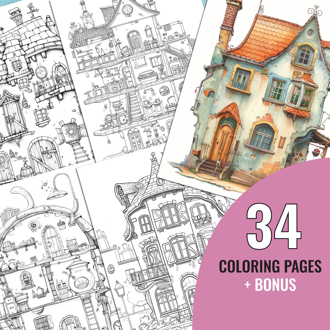 Stone Houses Coloring Book, 34 Printable Illustration Coloring Pages ...