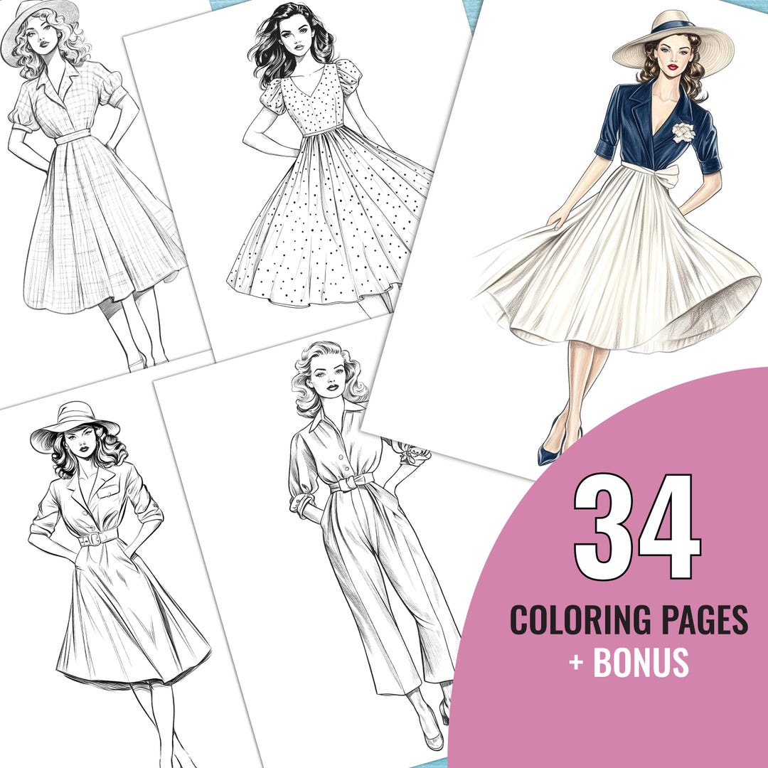 1940s Fashion Coloring Book | 34 Printable Pages Vintage Women's ...