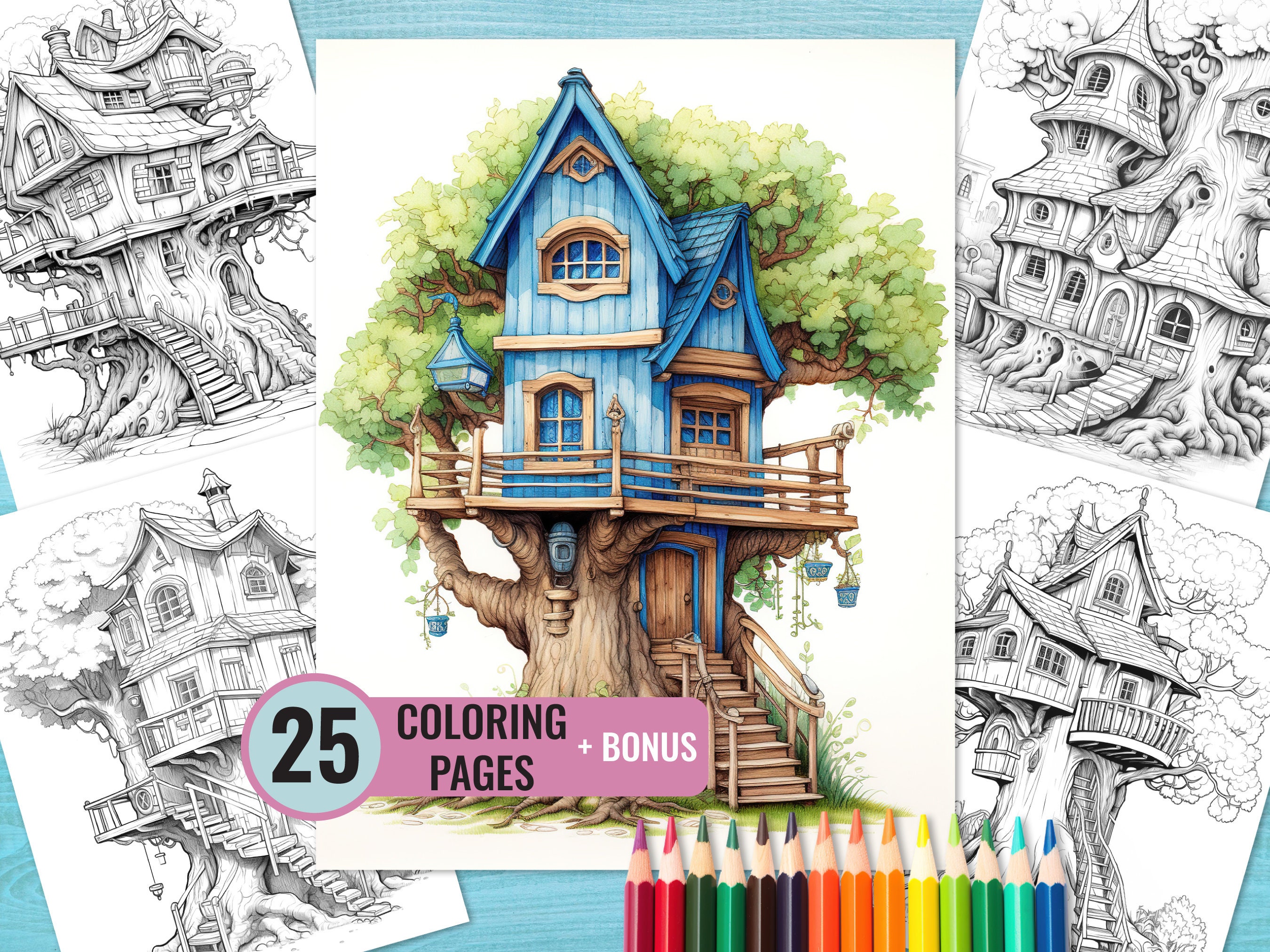 A House on A Tree Coloring Book, 25 Printable Tree Houses Coloring ...
