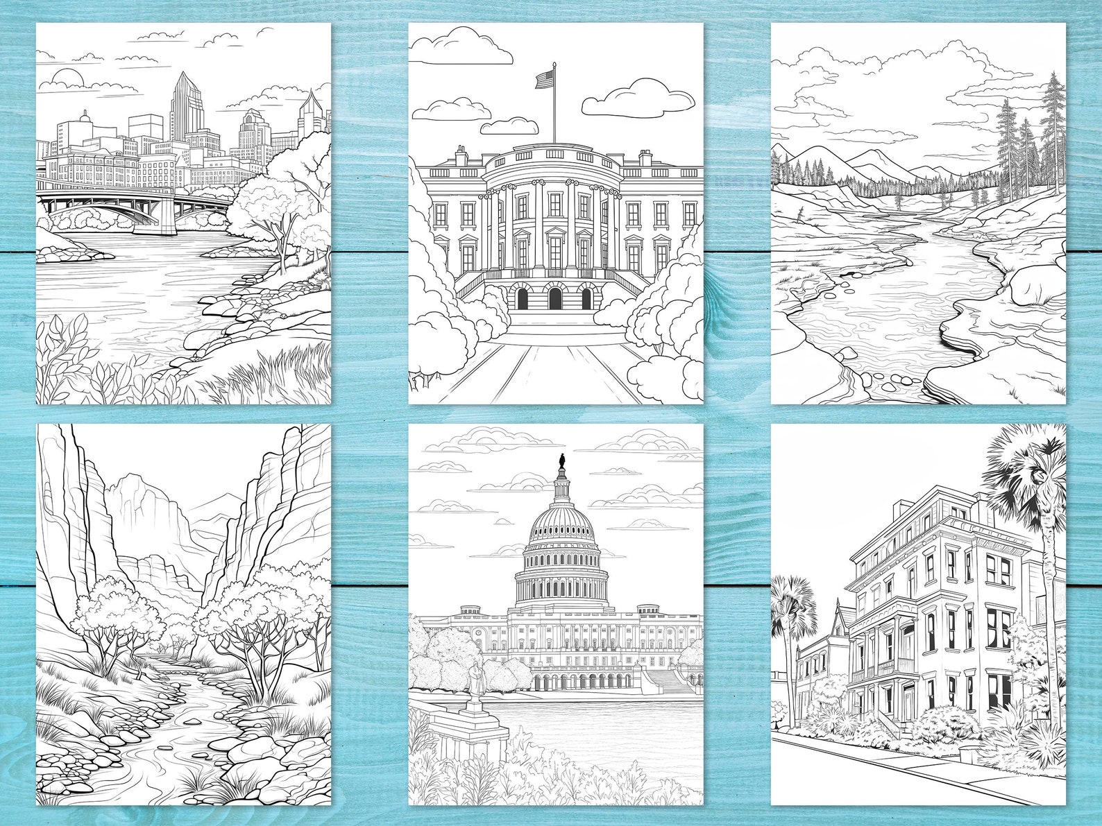 USA Landscape Coloring Pages, 40 Printable USA Landmarks Coloring Book ...