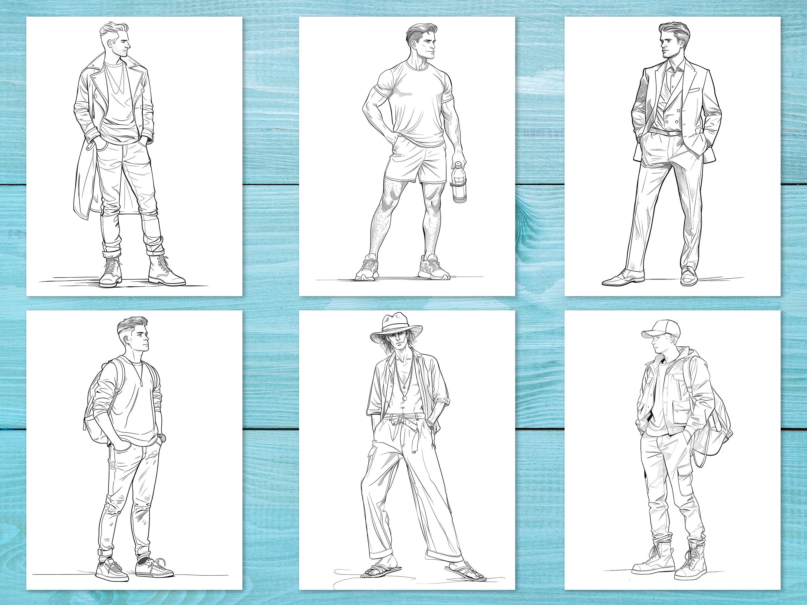 Fashionable Men's Outfits Coloring Book, 35 Printable Fashion Men Pages ...