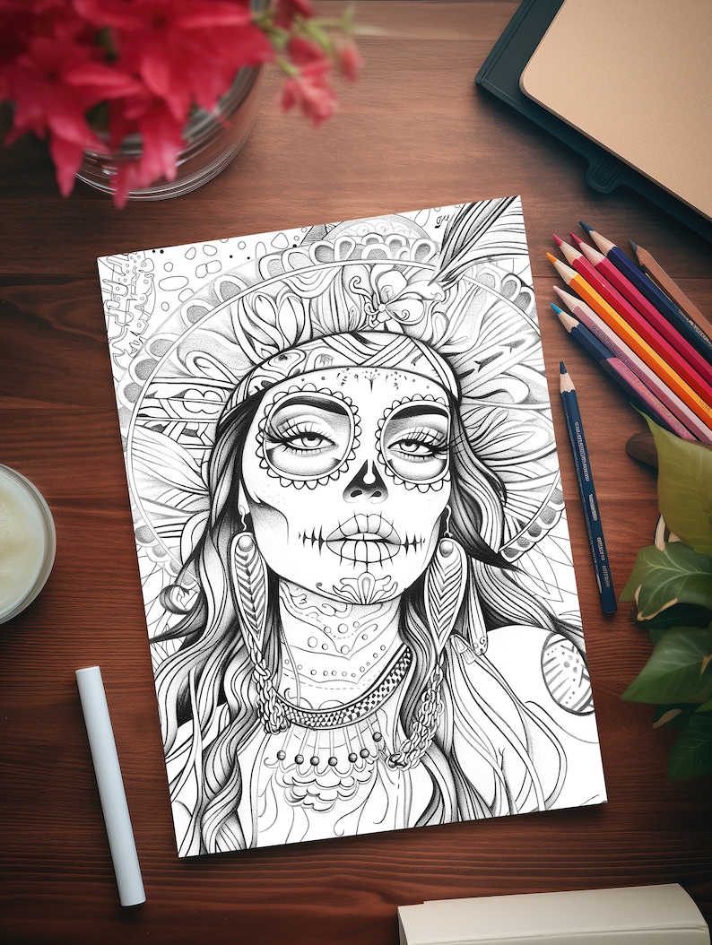 Chicano Art Coloring Book, 34 Printable Grayscale Pages for Adult ...