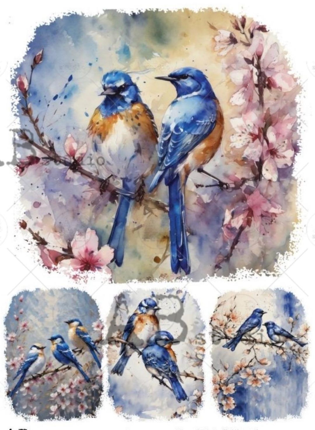 Decoupage Rice Paper- Blue Birds Quad 6342 ∙ Watercolor Bird Blue ...