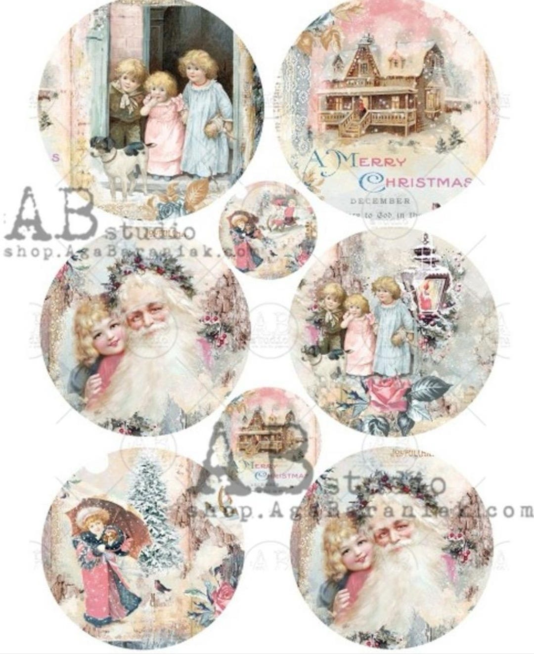 Decoupage Rice Paper- Joyful Children and Santa Round Scenes ...