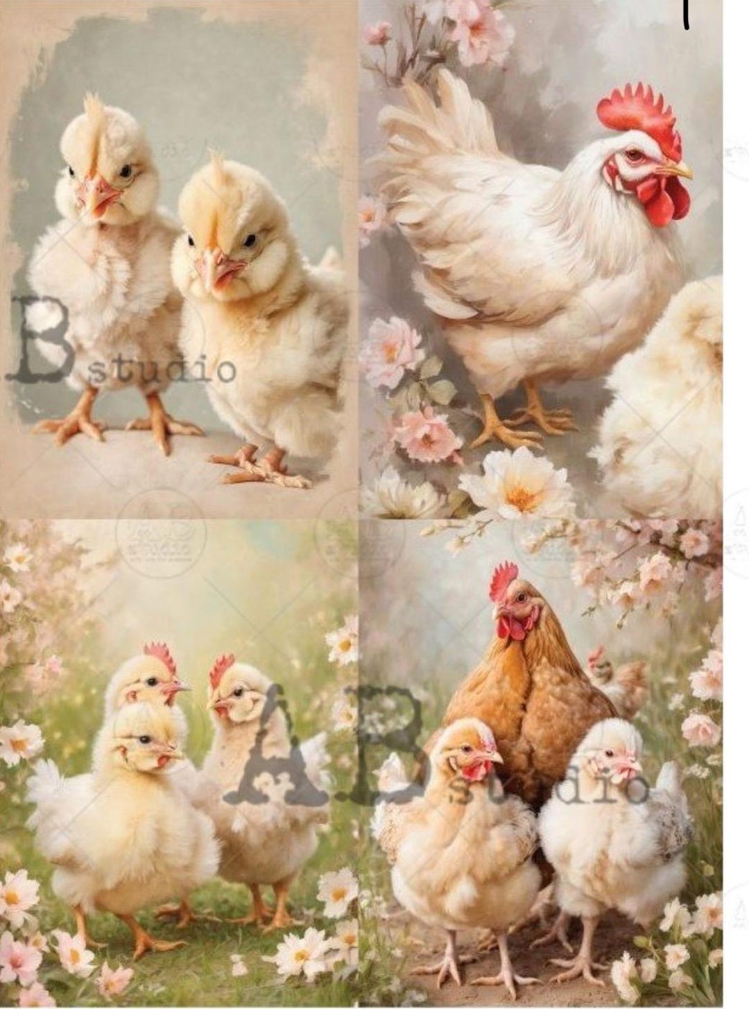 A4 Old Chicks and Hens Four Different Design Scenes LPP96, Decoupage ...