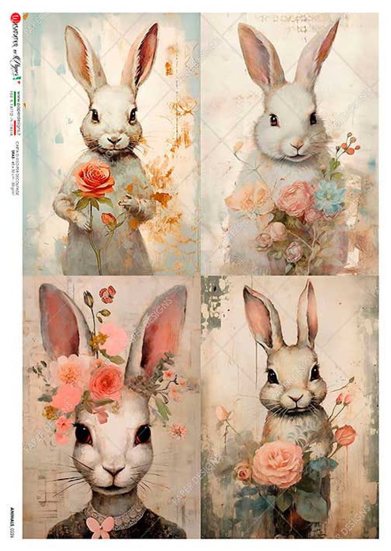 Decoupage Rice Paper Four Floral Bunnies in One Sheet 226 Watercolor ...