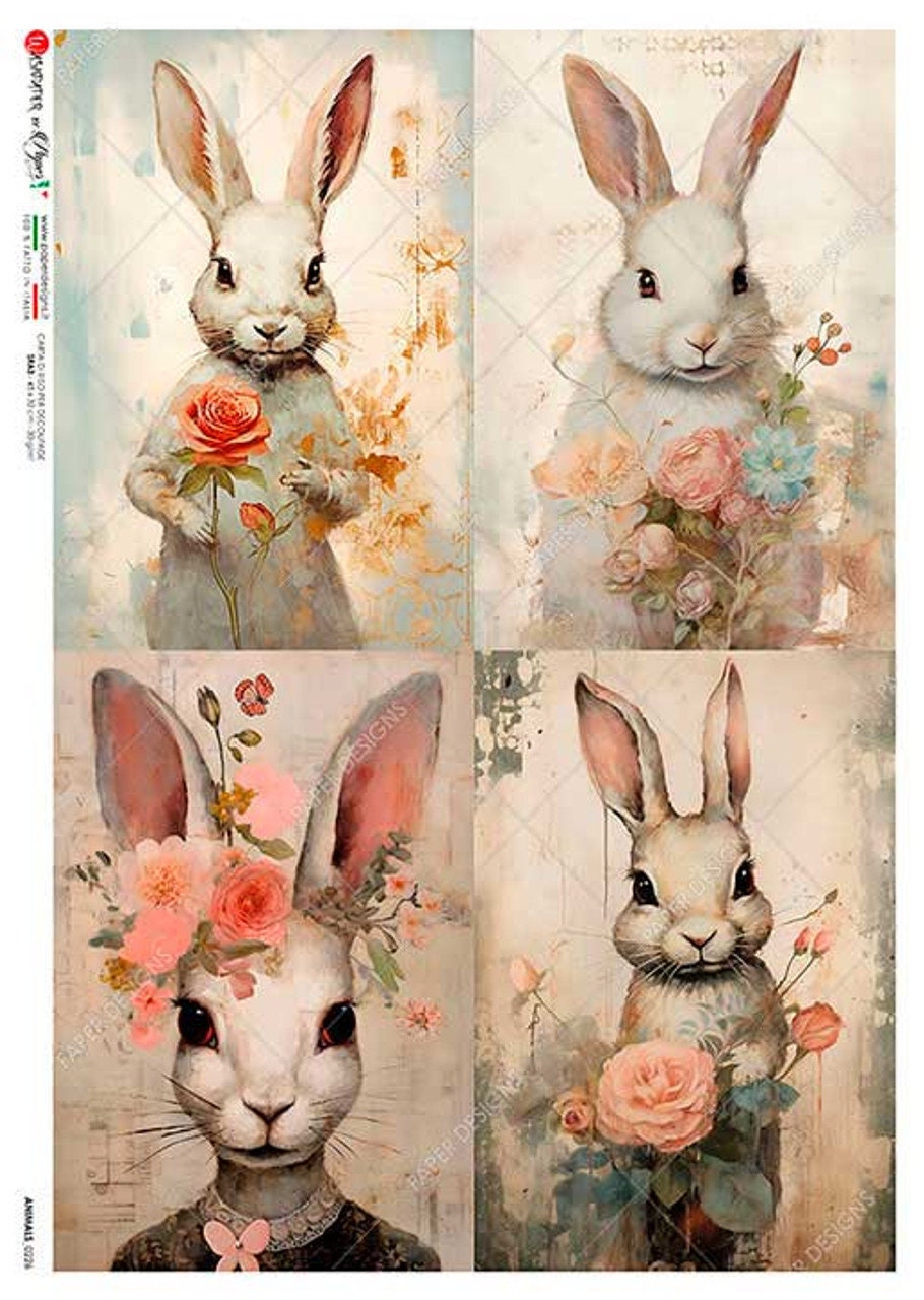 Decoupage Rice Paper Four Floral Bunnies in One Sheet 226 Watercolor ...