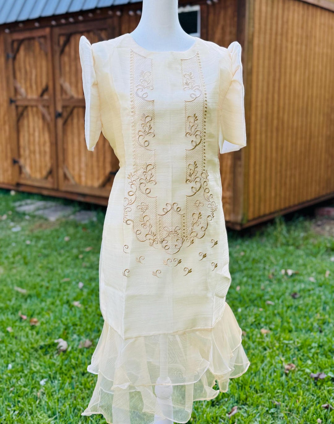 Filipiniana Dress W/mocha Embroidery, Ruffles Bottom & Mestiza Sleeves ...