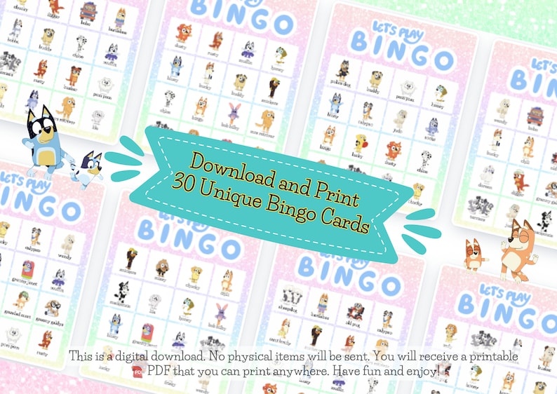 30 Unique Bluey Bingo Cards Birthday Party Games, Preschool ...